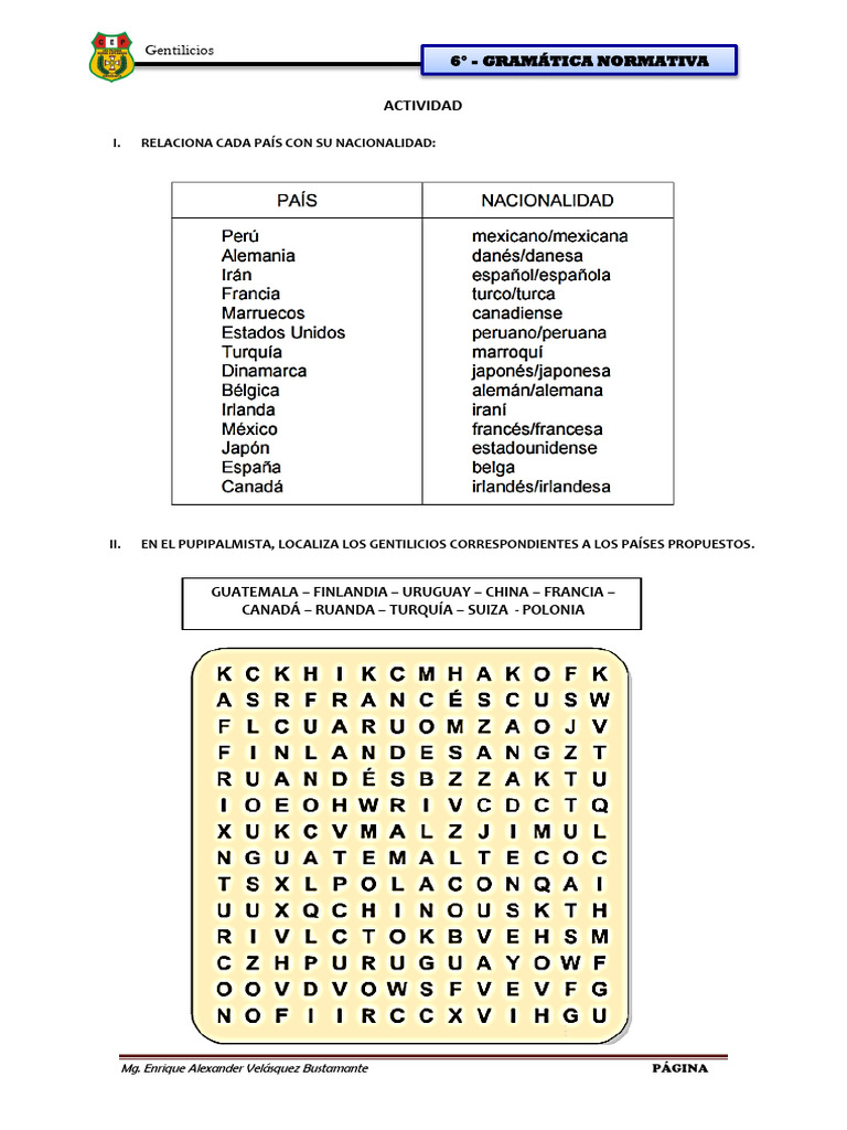Actividades sobre Gentilicios | PDF