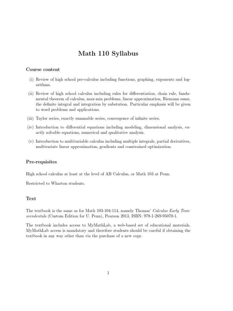 Math 110 Syllabus | PDF | Integral | Equations