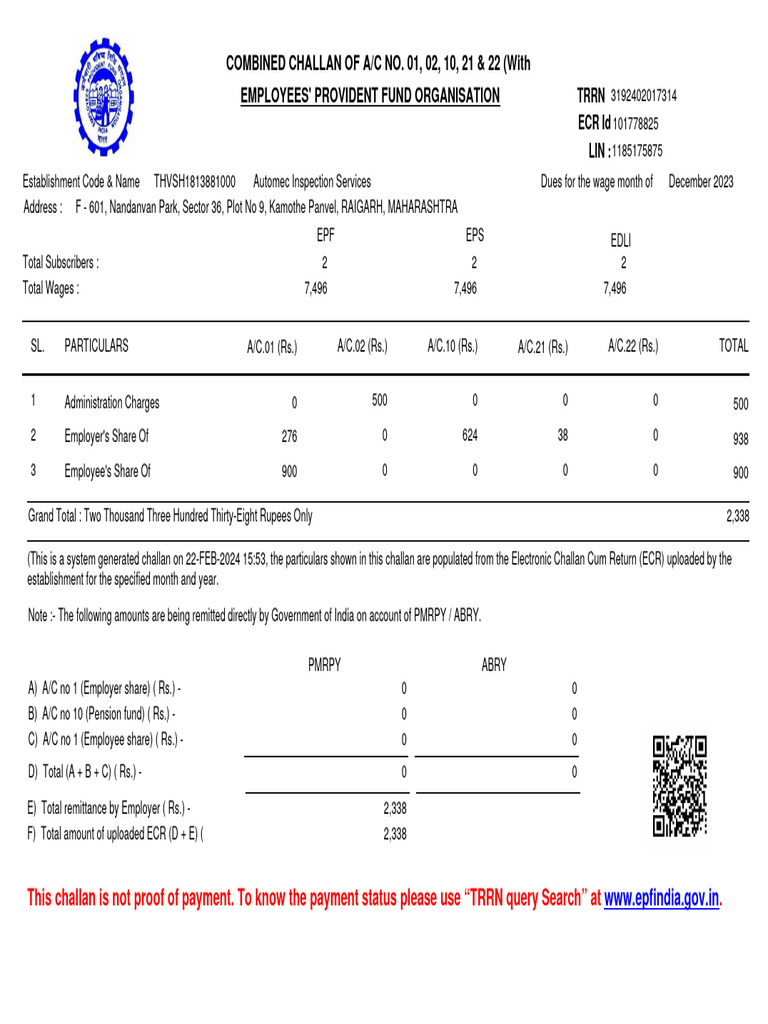 PF ECR Receipt For Dec-23 | PDF | Business | Labor