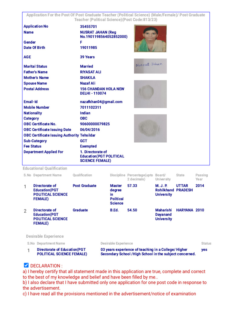 DSSSB PGT Pol Science Form | PDF | Postgraduate Education