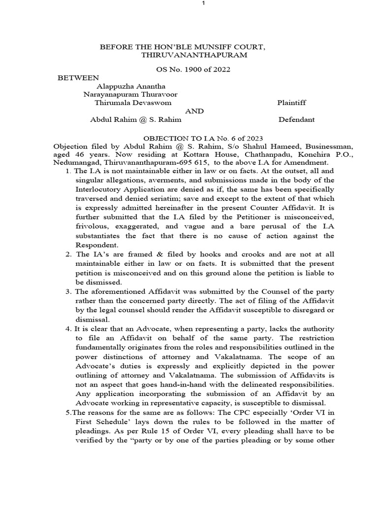 Objection To The Amendment Application | PDF | Advocate | Affidavit