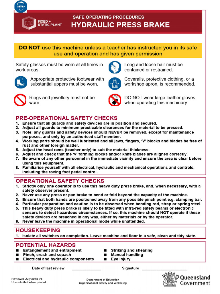 Hydraulic Press Brake Safety Checklist | PDF | Brake | Machines
