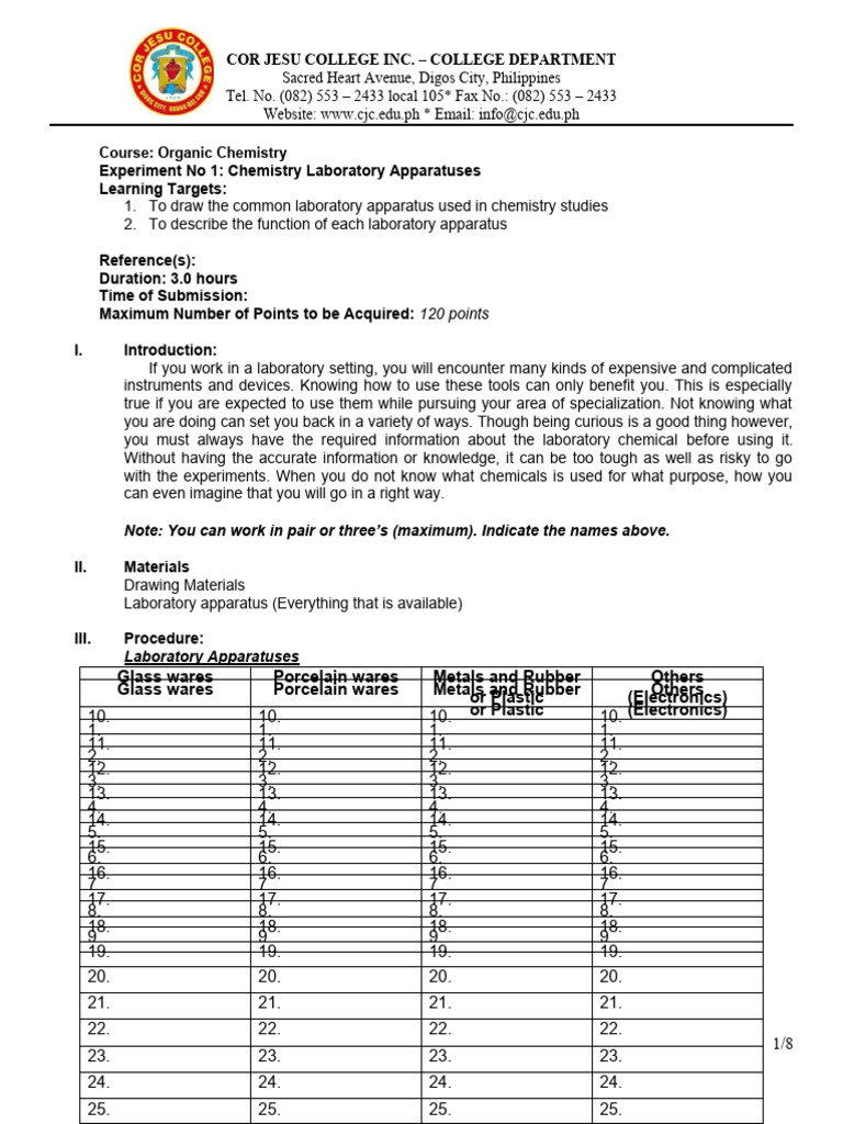 Organic Chem Experiment No. 1 CSP | PDF | Laboratories | Experiment