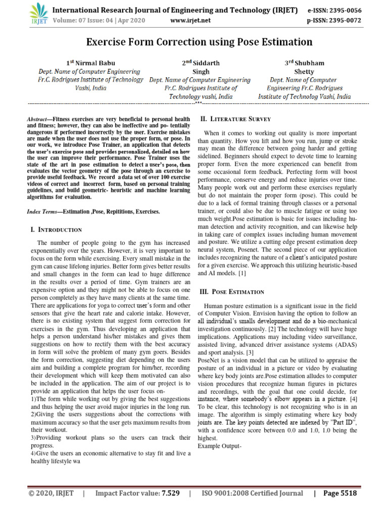 Exercise Form Correction Using Pose Estimation (Apr 2020) | PDF | Deep Learning | Machine Learning