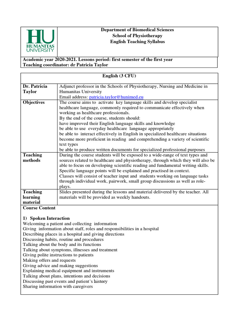 English Syllabus for First-Year Physiotherapy | PDF | Health Care ...