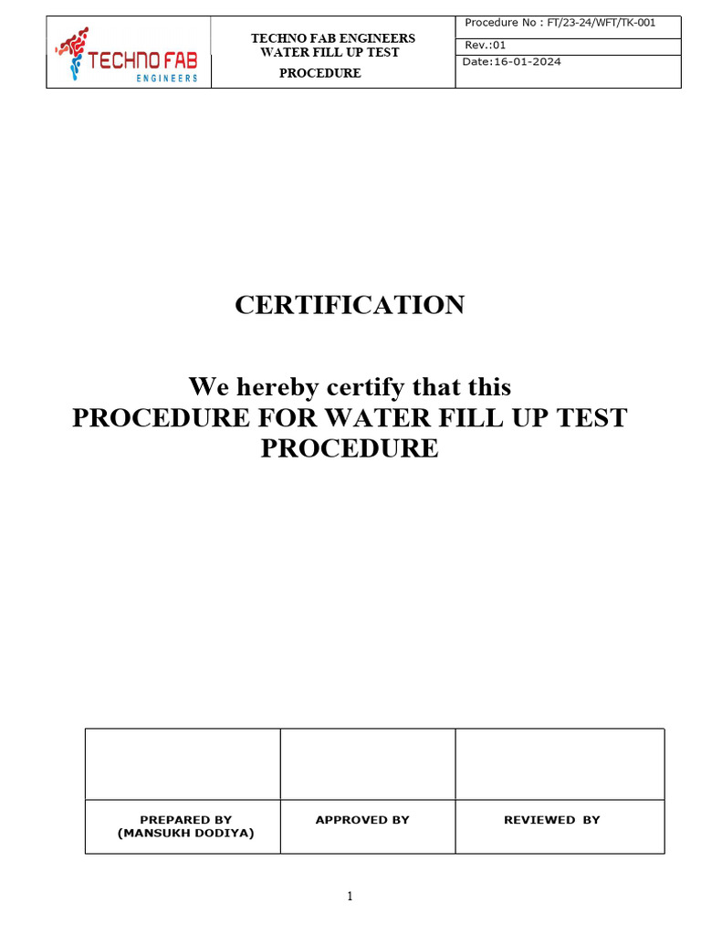 Water Fill Up Test Procedure | PDF | Leak | Materials
