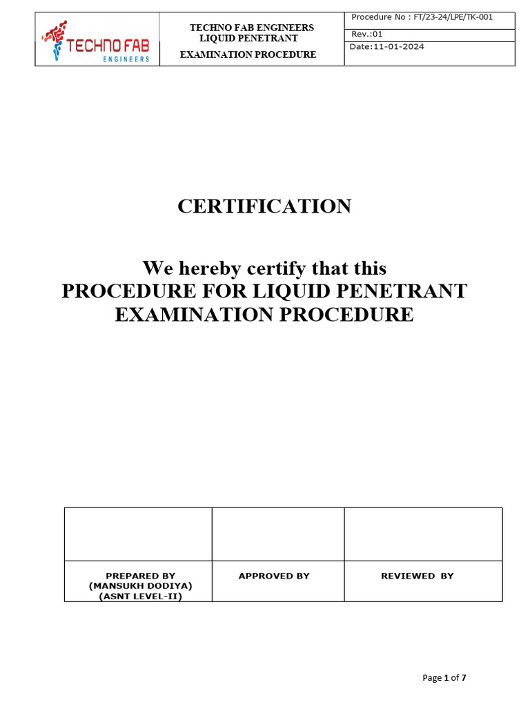 LPT Procedure. Rev.01 | PDF | Chemistry | Materials