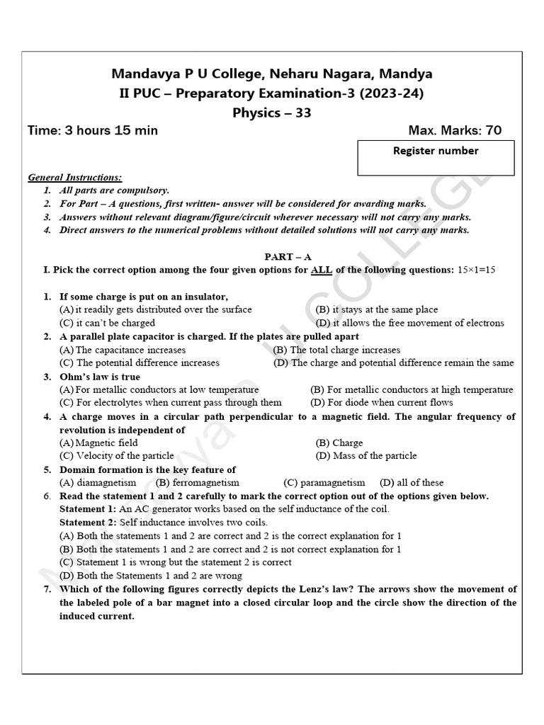 II PU Prep 3 - 23 24 - Pre Exam. | PDF | Photoelectric Effect | Inductance
