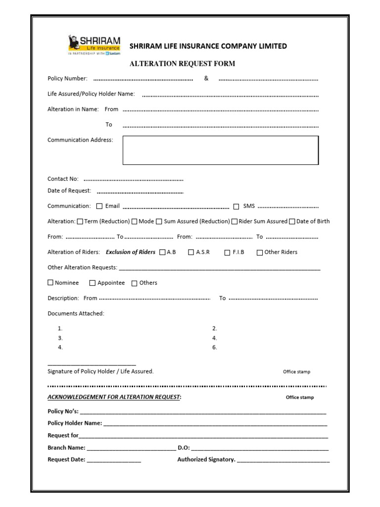 Shriram Life Alteration Request Form | PDF | Career & Growth | Law