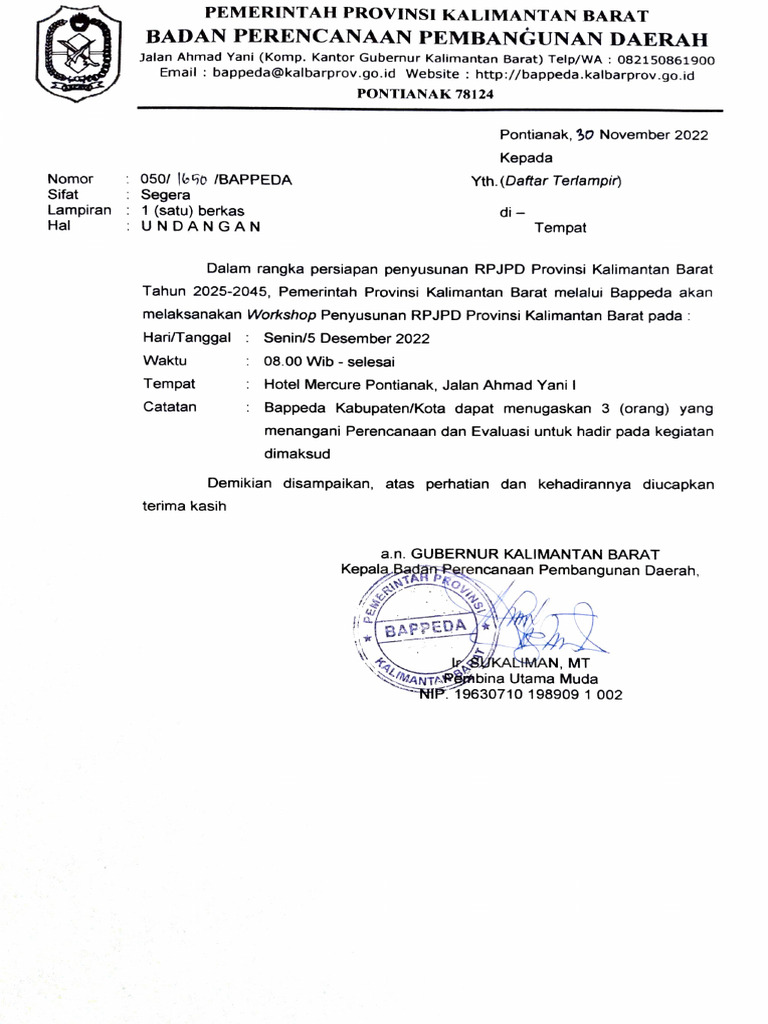 Undangan Workshop Penyusunan RPJPD Prov. Kalimantan Barat | PDF
