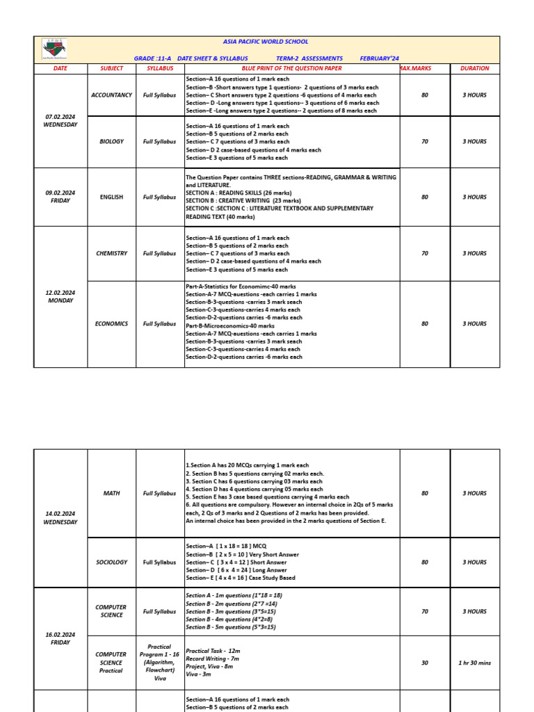 11 A - Term 2 Assessment Date Sheet | PDF | Science