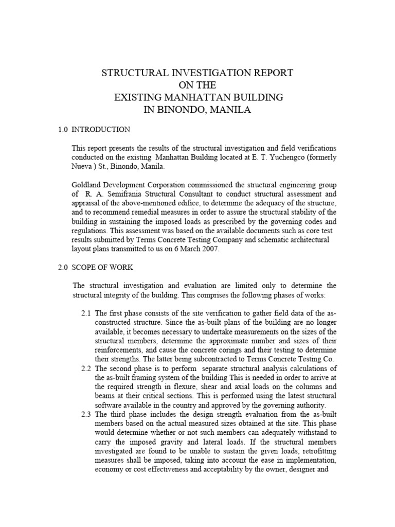 Sample - Structural Investigation Report | PDF | Structural Load | Concrete