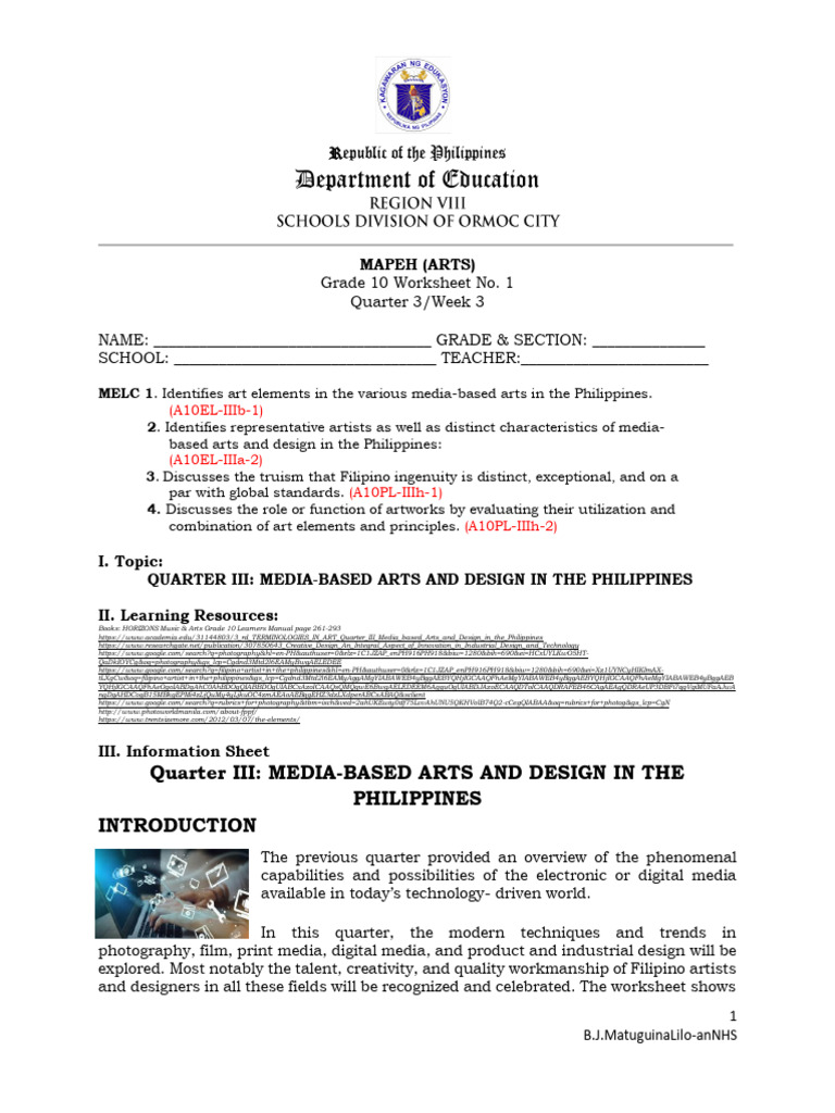 3Q ARTS Worksheet | PDF | Composition (Visual Arts)