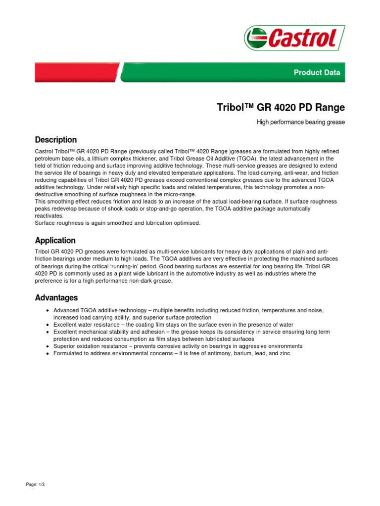 Castrol Tribol GR 4020 220-460 PD Tds-En | PDF | Bearing (Mechanical) | Lubricant