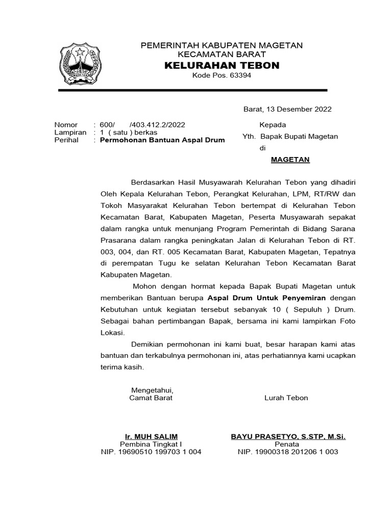 Permohonan Bantuan Aspal Jalan Tebon | PDF