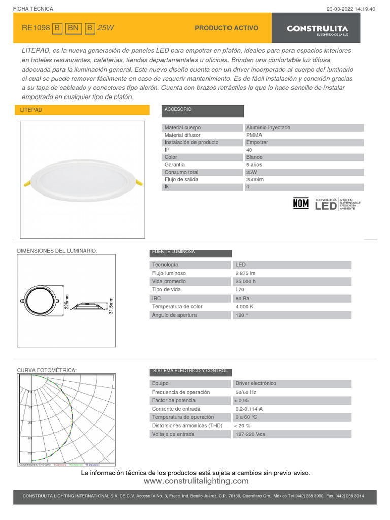 Panel LED LITEPAD 25W para Empotrar | PDF | Diodo emisor de luz ...