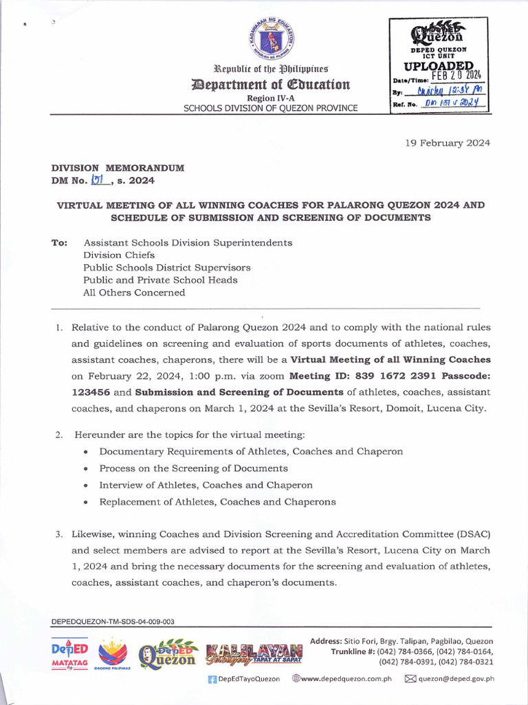 DM 151, S. 2024-Palarong Quezon | PDF