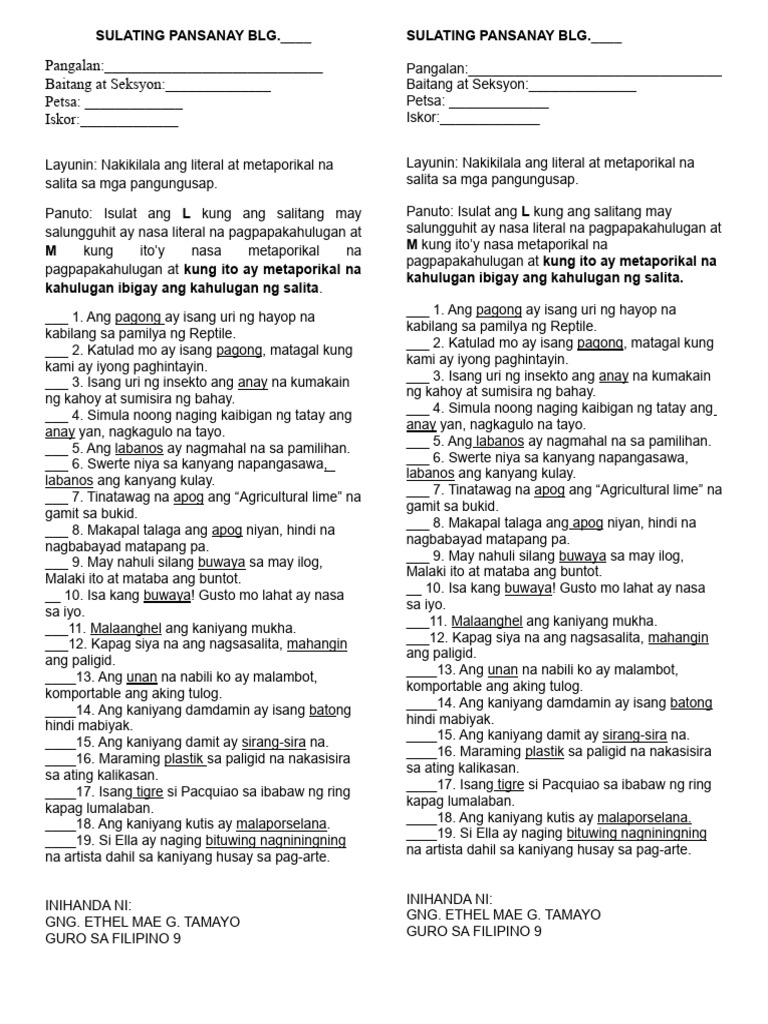 Sulating Pansanay Blg. 1 Aralin 1 | PDF