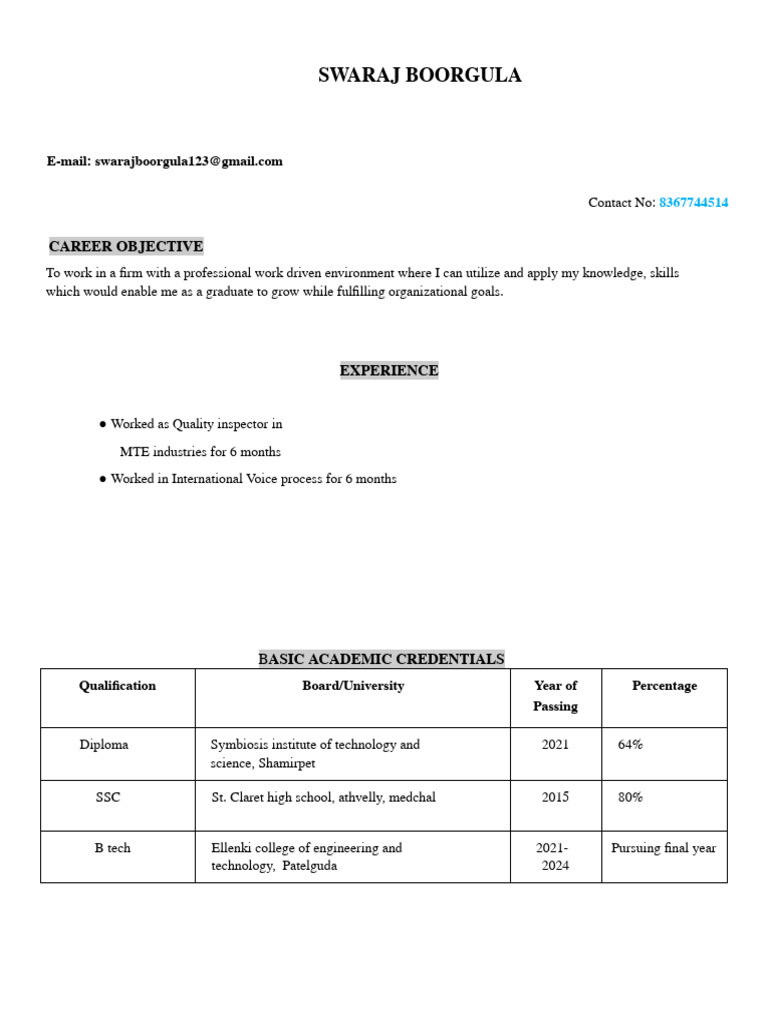 Resume Swaraj | PDF