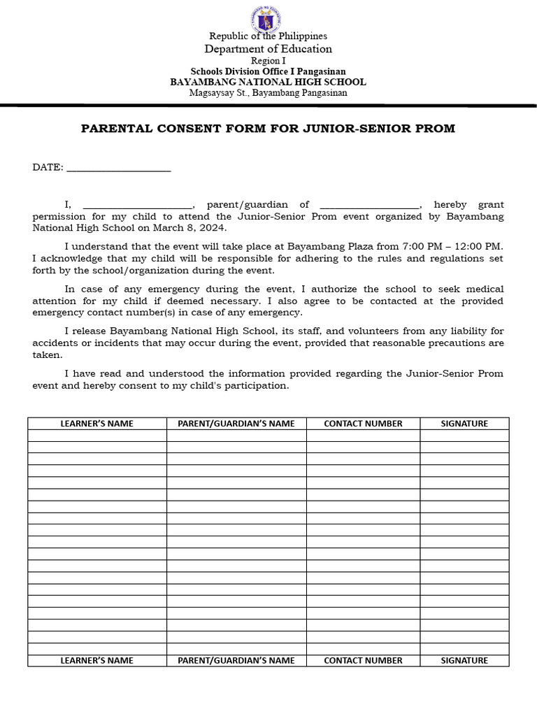 Parental Consent Form For Junior | PDF