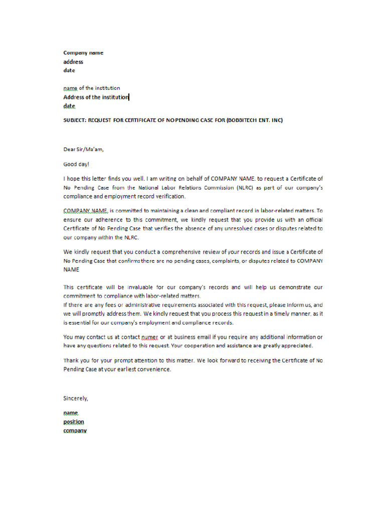 Letter of No Pending Case | PDF