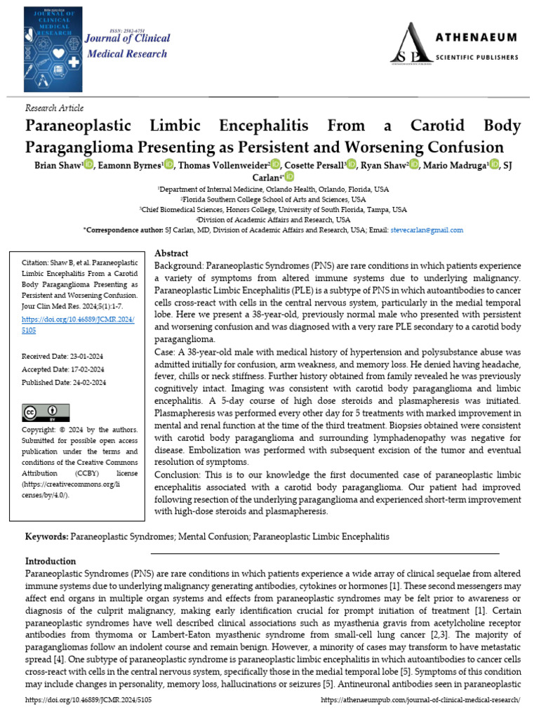 Paraneoplastic Limbic Encephalitis From A Carotid Body Paraganglioma ...