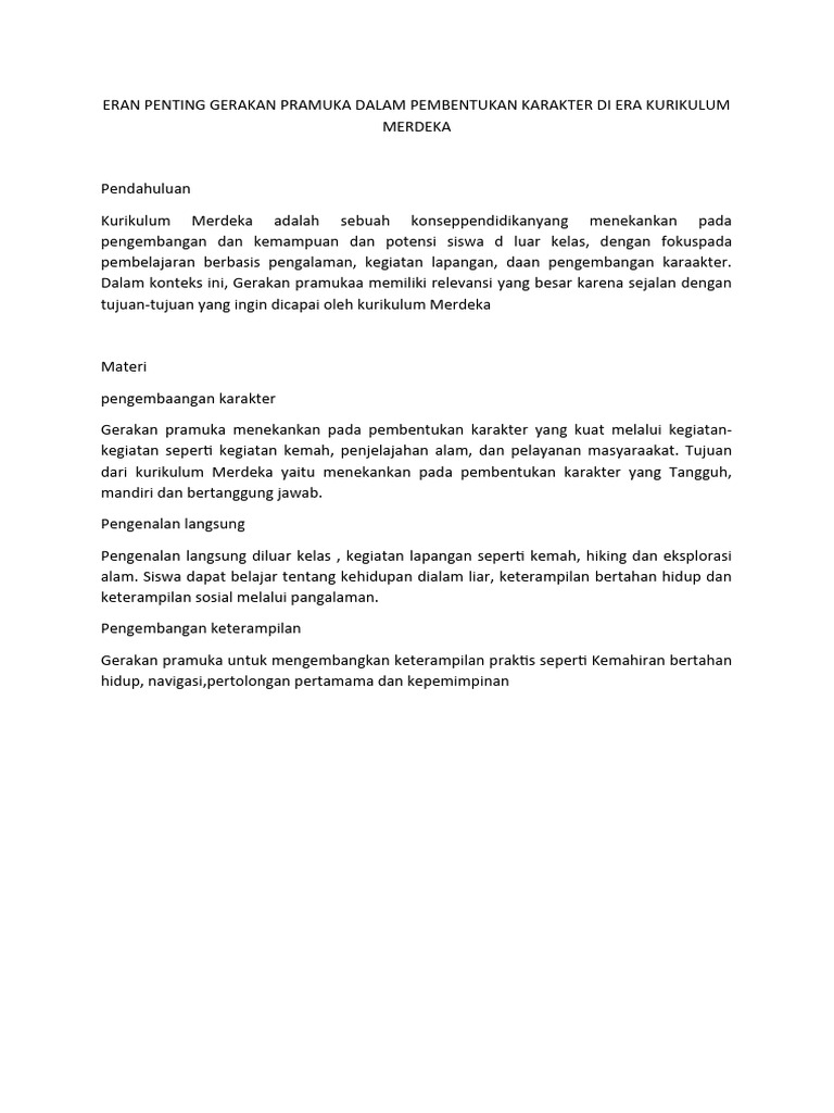 Eran Penting Gerakan Pramuka Dalam Pembentukan Karakter Di Era Kurikulum Merdeka | PDF