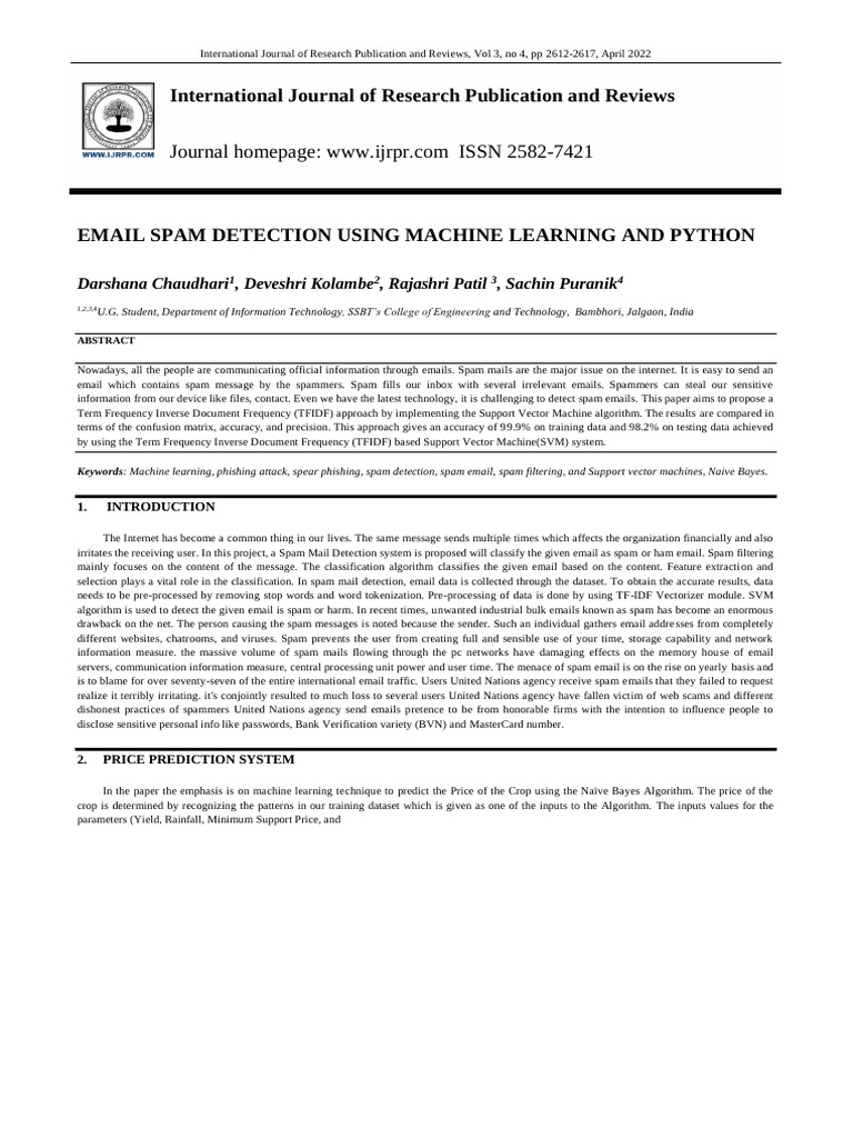 Emai Spam Detection Using Machine Learning and Python - IJRPR3714 | PDF ... Emai Spam Detection Using Machine Learning and Python - IJRPR3714 | PDF ...
