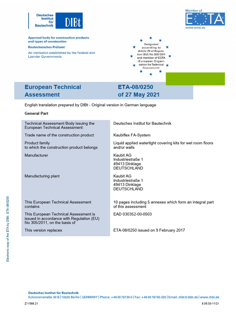 European Technical Assessment ETA-08/0250 of 27 May 2021: General Part | PDF | Materials ...