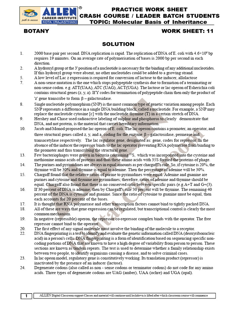 Molecular Basis of Inheritance-I - SOLUTIONS | Download Free PDF ...