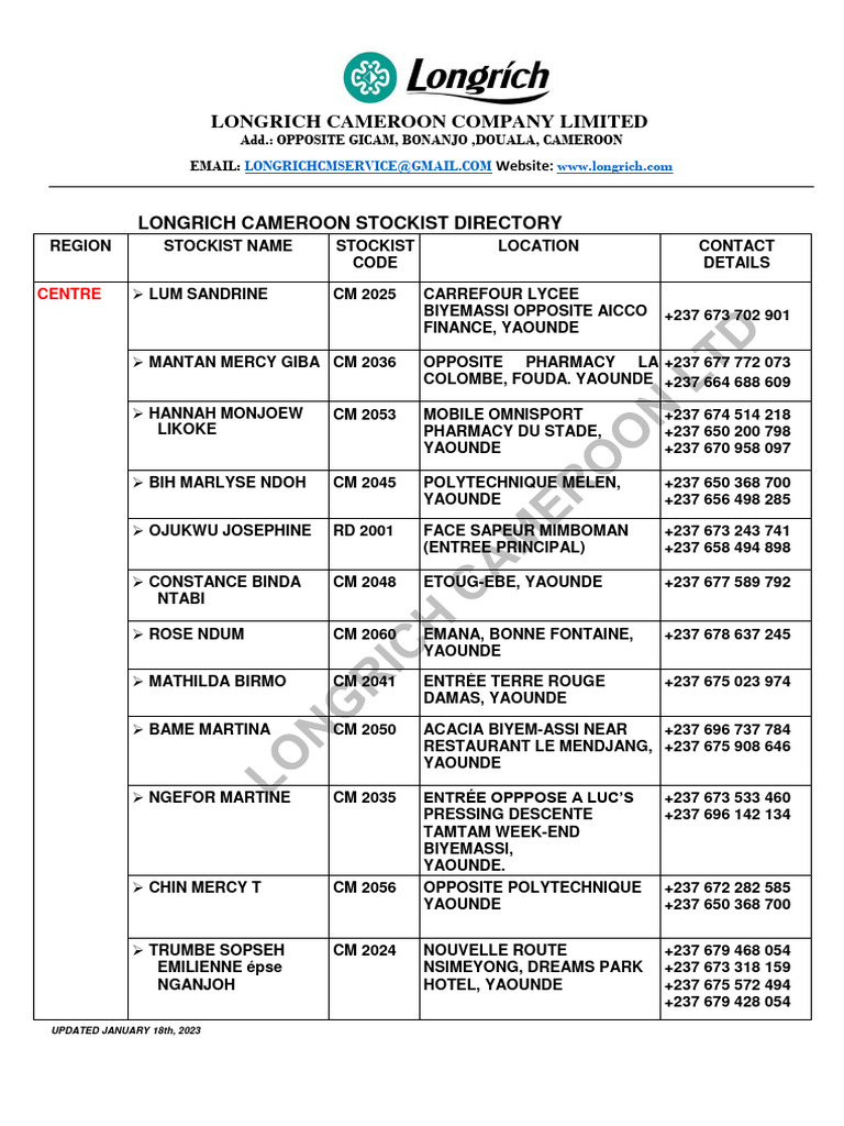Longrich Cameroon Stockist Directory Updated 2023 | PDF