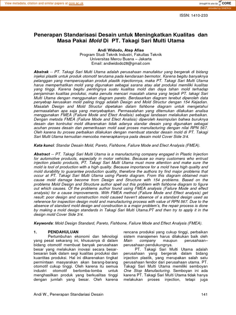 Penerapan Standarisasi Desain Untuk Meningkatkan Kualitas Dan Masa Pakai Mold Di PT. Takagi Sari ...