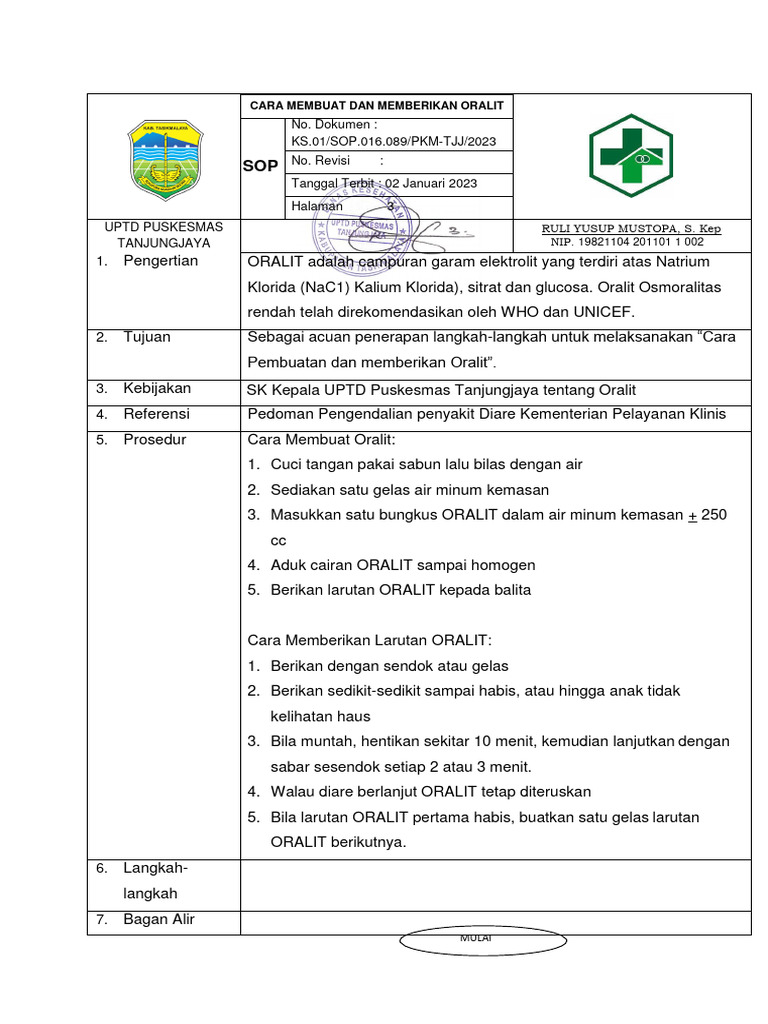 SOP Pembuatan Dan Pemberian Oralit | PDF