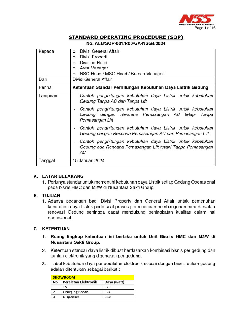 SOP Ketentuan Standar Perhitungan Daya Listrik Gedung - No. ALB - SOP-001 - R00 - GA - NSG ...