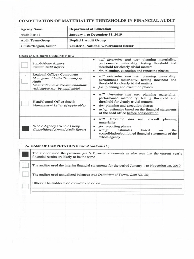 Computation of Materiality Thresholds in Financial Audit | PDF