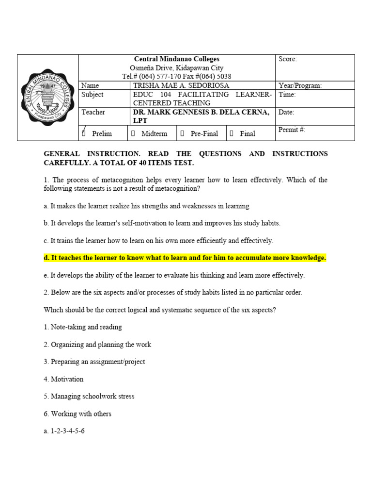 Educ 104-Prelim Exam | PDF | Learning | Teachers