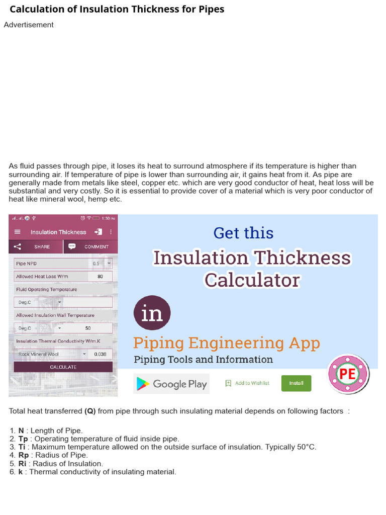Calculation of Insulation Thickness For Pipes | PDF | Thermal ...