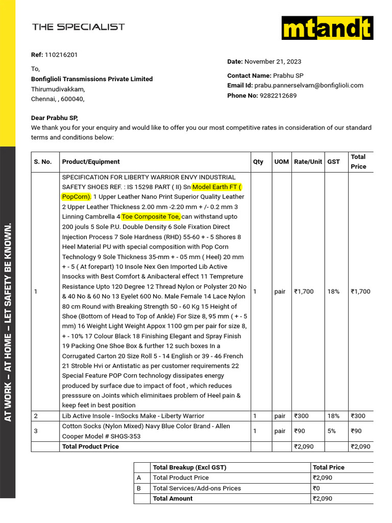 Bonfi Glioli Transmissions Private Limited Safety Shoes | PDF | Shoe