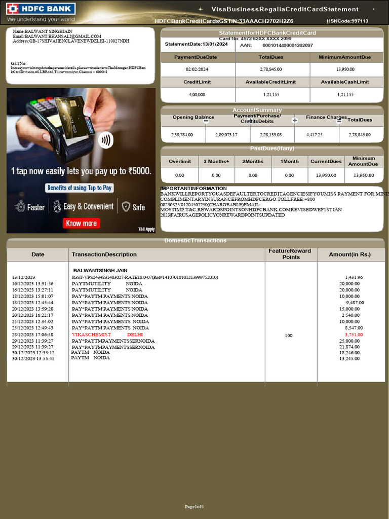 4572XXXXXXXXXX99 - 13 01 2024 | PDF | Credit Card | Personal Finance