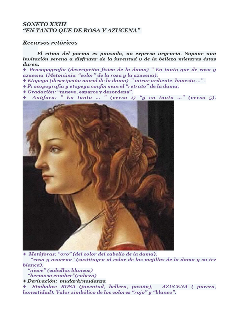 SONETO XXIII âEN TANTO QUE DE ROSA Y AZUCENAâ | PDF | Clásicos | Poesía