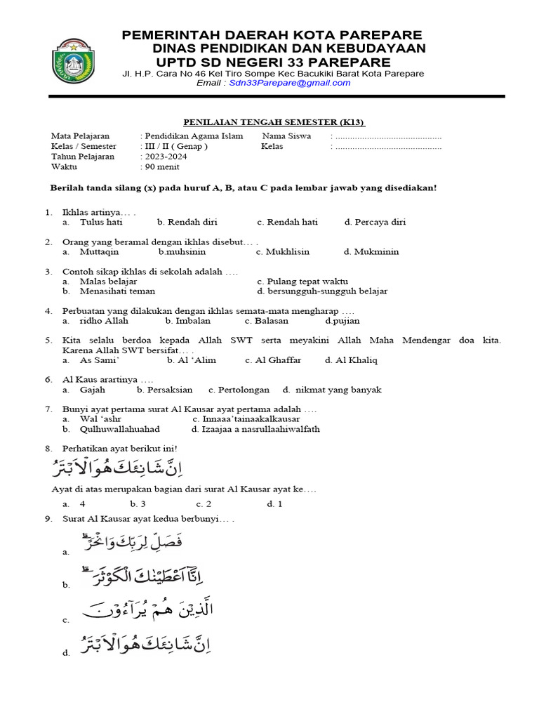 Soal Kls 3 PAI T.A 2023-2024 | PDF | Agama & Spiritualitas