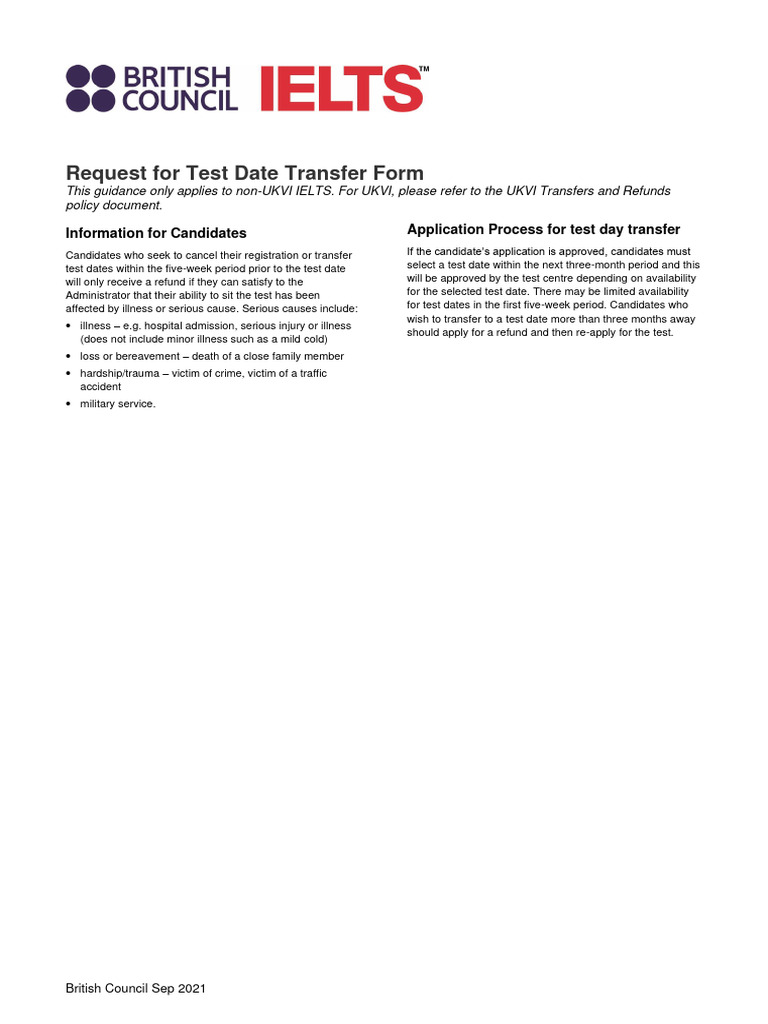 Request For Test Date Transfer Form Sep 2021 | PDF | International ...