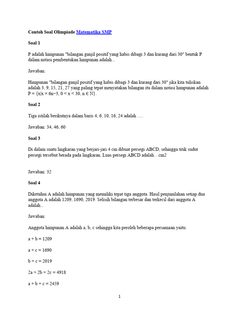 Contoh Soal Olimpiade Matematika SMP | PDF | Olahraga & Rekreasi | Metode & Bahan Ajar