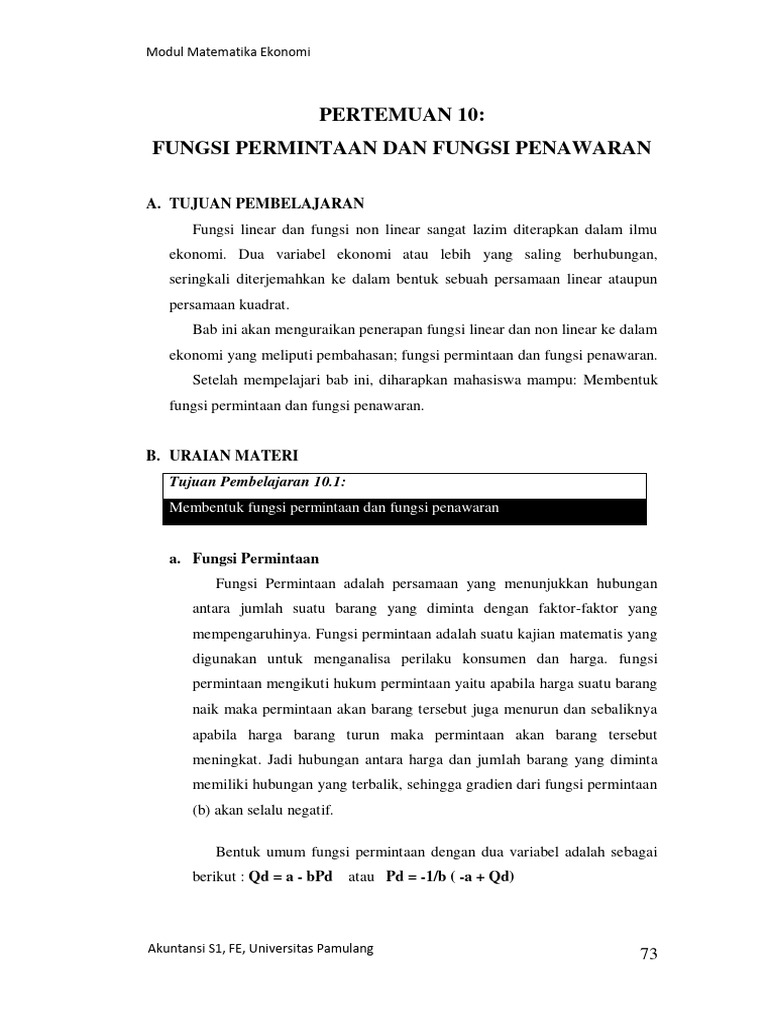 Matematika Ekonomi-10 Permintaan Dan Penawaran | PDF | Metode & Bahan Ajar
