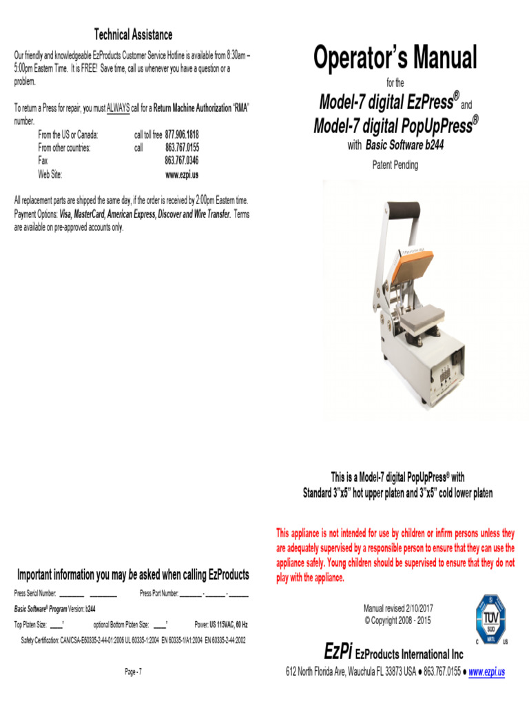 Operators Manual Digital Press Ez and PopUp Press W Basic 244 | PDF ...