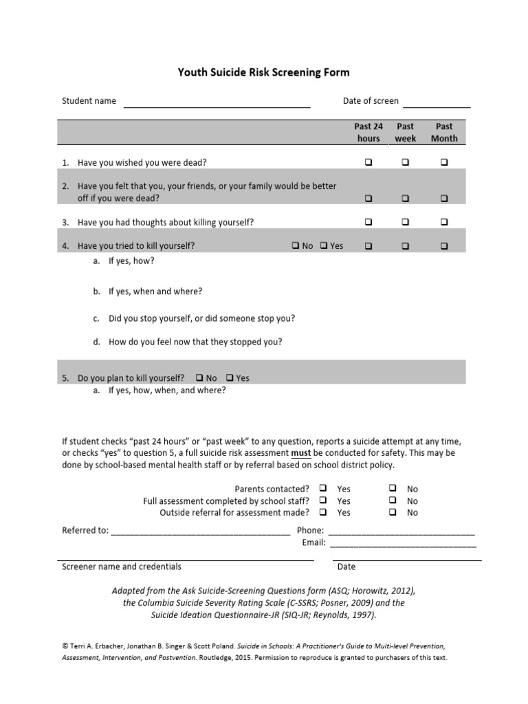 Suicide Screening Risk Form Erbacher | PDF | Suicide | Mental Health