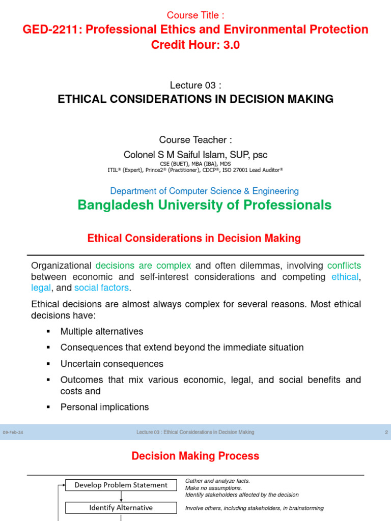 Lec 03 - Ethics in Decision Making | PDF | Decision Making | Virtue Ethics