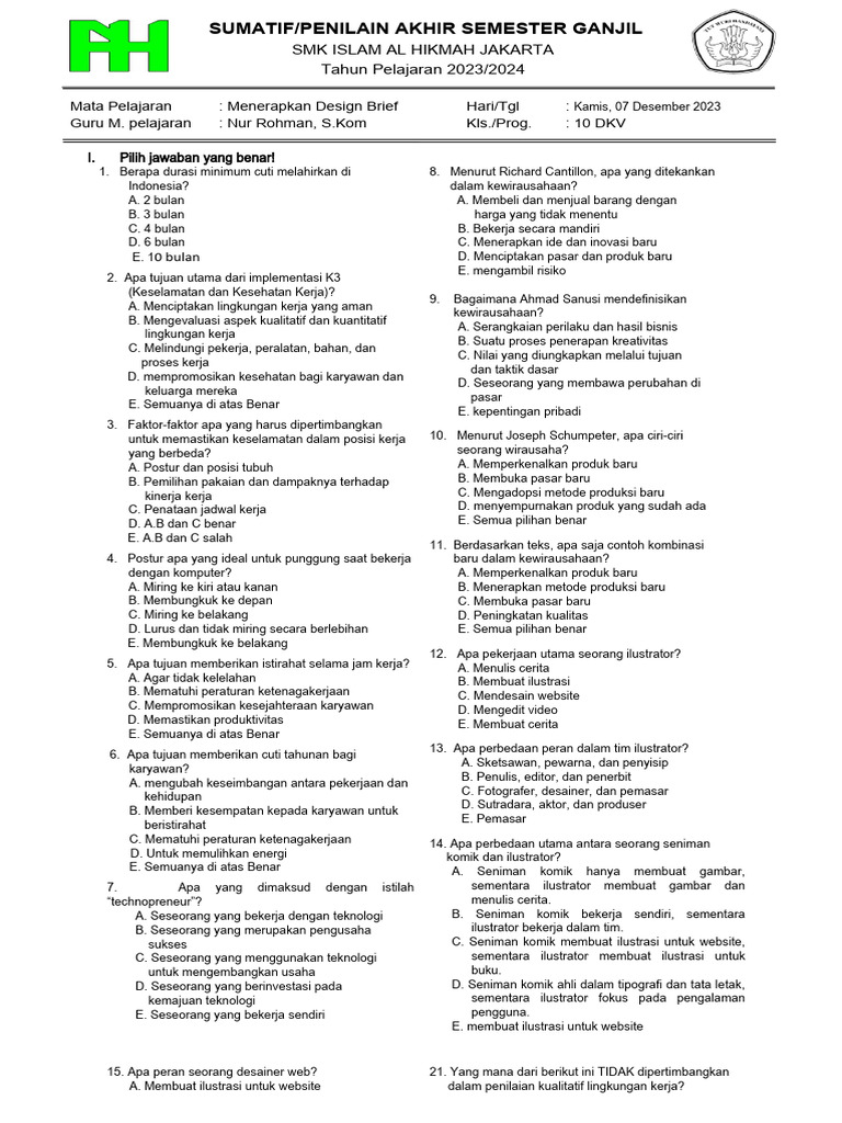 10 Format Soal Menerapkan Design Brief SAS Ganjil 2324 | PDF
