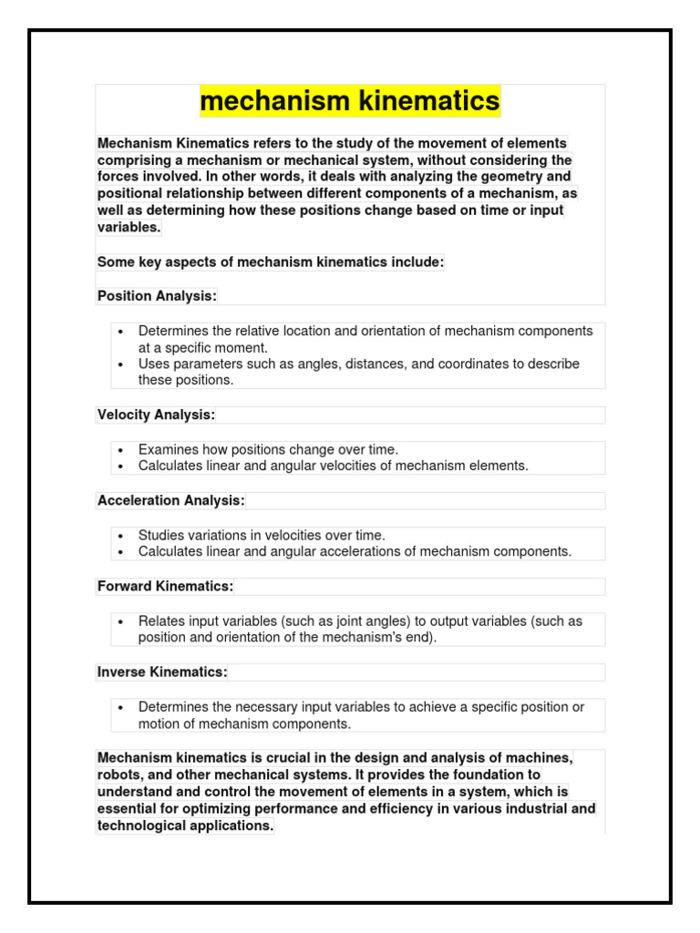 Mechanism Kinematics | PDF | Kinematics | Machines Mechanism Kinematics | PDF | Kinematics | Machines