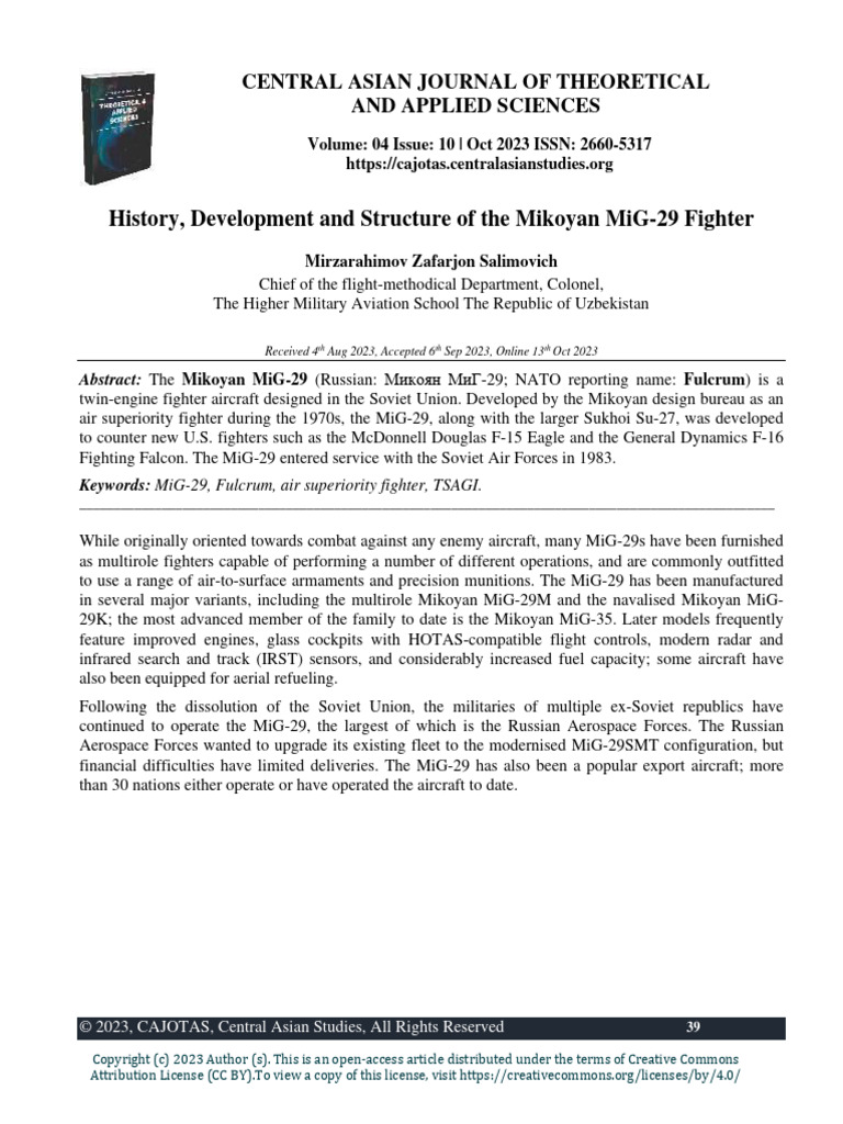 History, Development and Structure of The Mikoyan MiG-29 Fighter | PDF ...